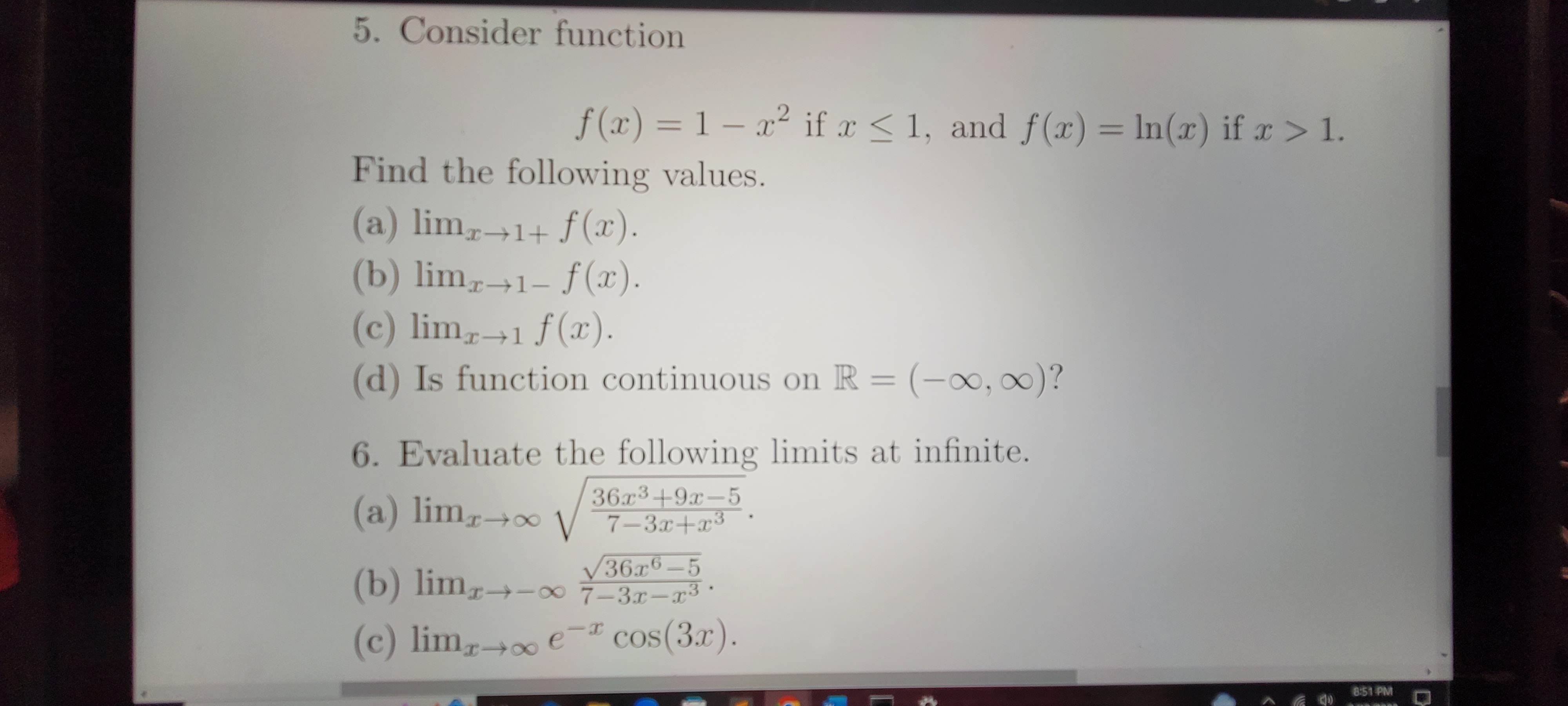 Solved 5. Consider function f(x)=1−x2 if x≤1, and f(x)=ln(x) | Chegg.com