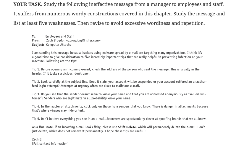 Solved YOUR TASK. Study the following ineffective message | Chegg.com