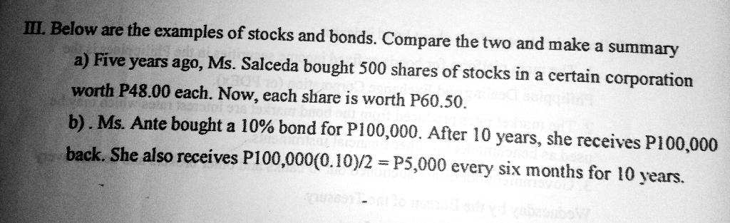 Solved a II. Below are the examples of stocks and bonds. | Chegg.com
