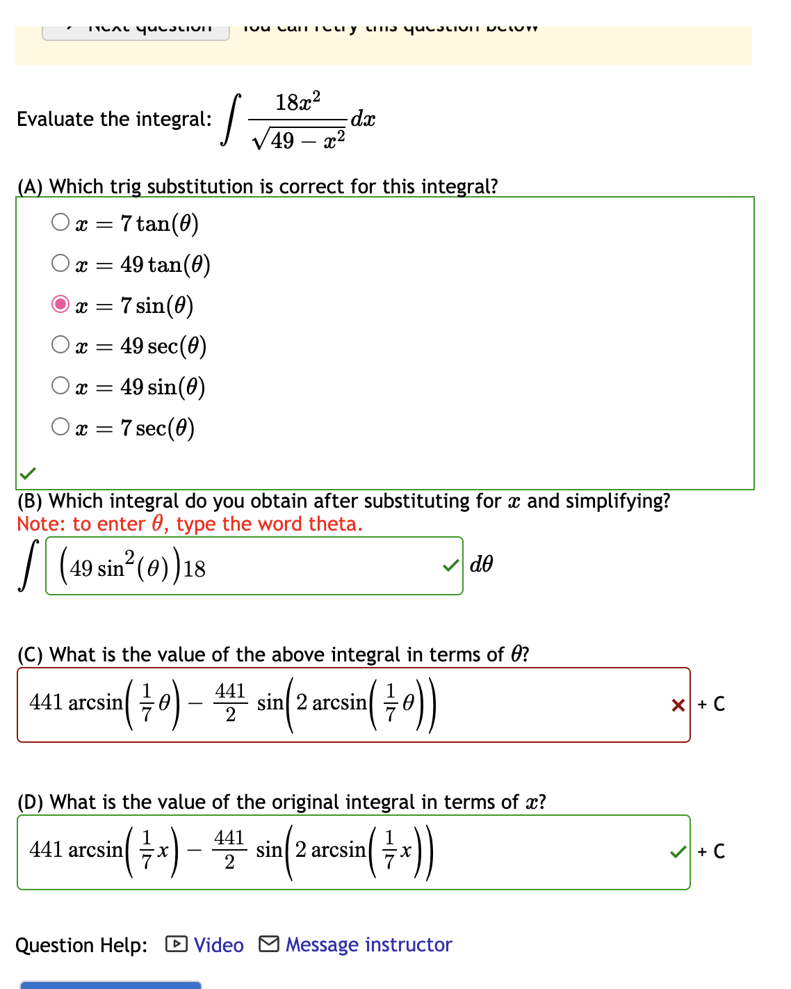 Solved Evaluate the integral: ∫49−x218x2dx (A) Which trig | Chegg.com
