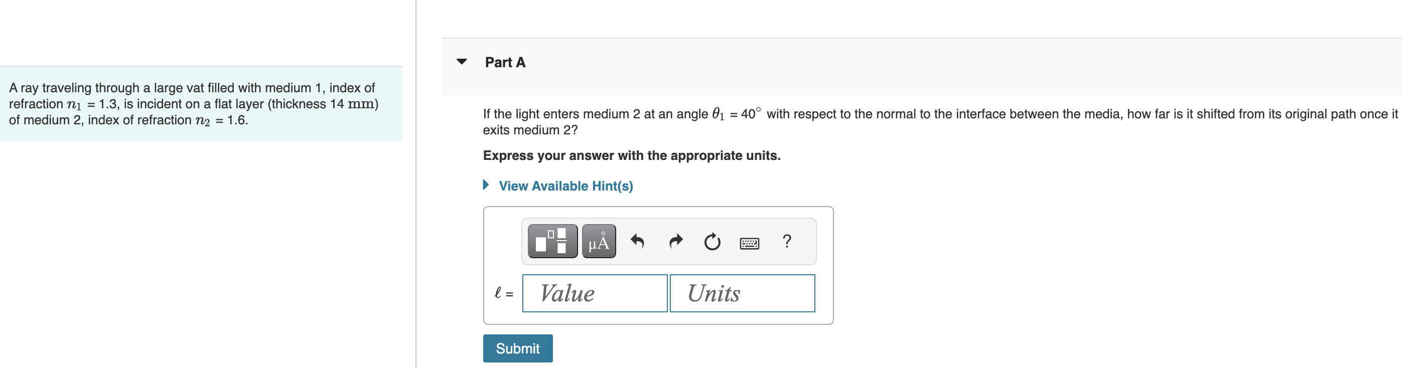 Solved A ray traveling through a large vat filled with | Chegg.com