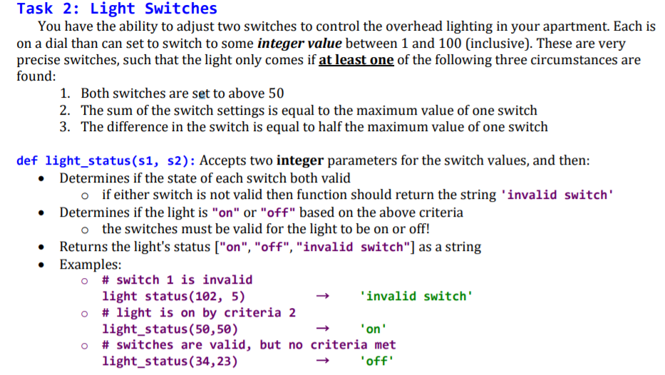 Solved Task 2: Light Switches You have the ability to adjust | Chegg.com