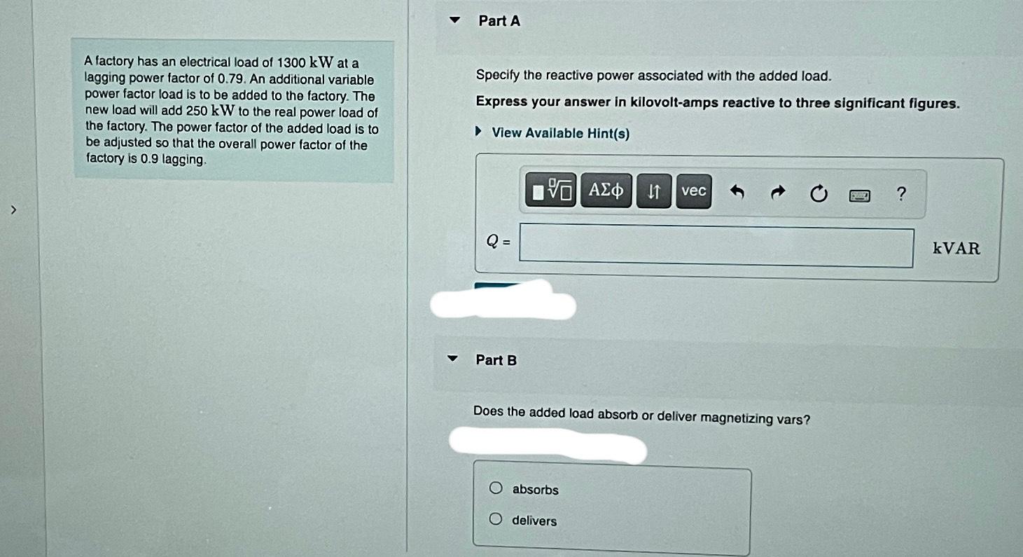 Solved A factory has an electrical load of 1300 kW at a | Chegg.com