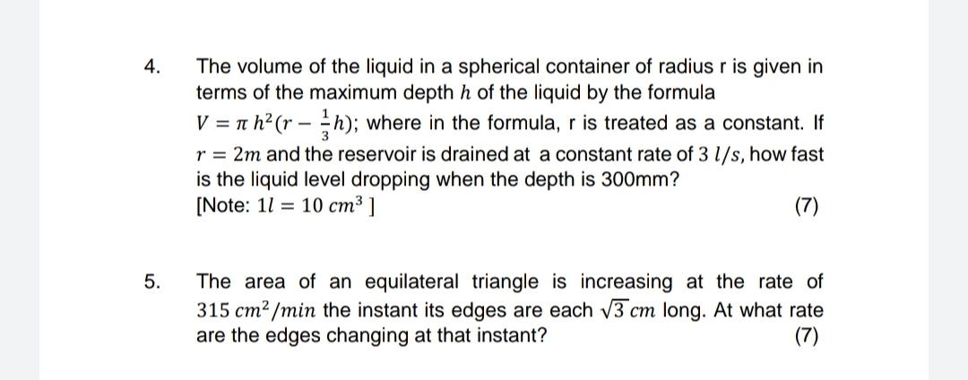 Solved 4. The volume of the liquid in a spherical container | Chegg.com