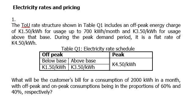 Solved Electricity rates and pricing 1. The ToU rate | Chegg.com