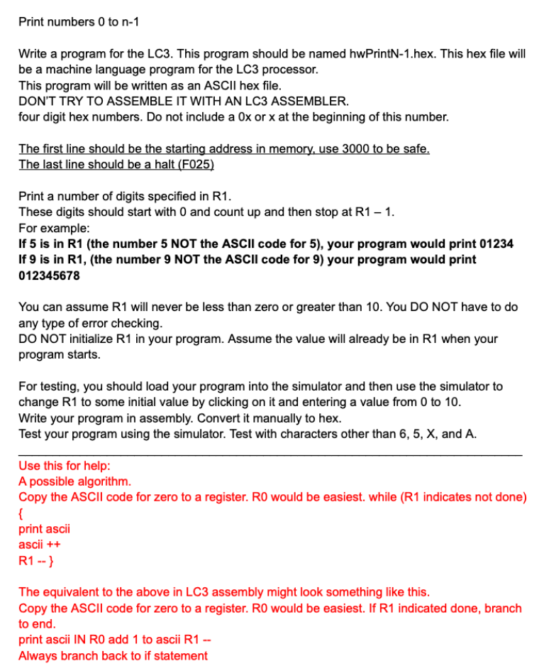 Solved Print numbers 0 to n−1 Write a program for the LC3. | Chegg.com