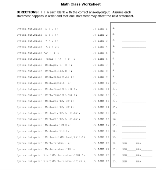 Solved Math Class Worksheet DIRECTIONS: Fll n each blank wth | Chegg.com