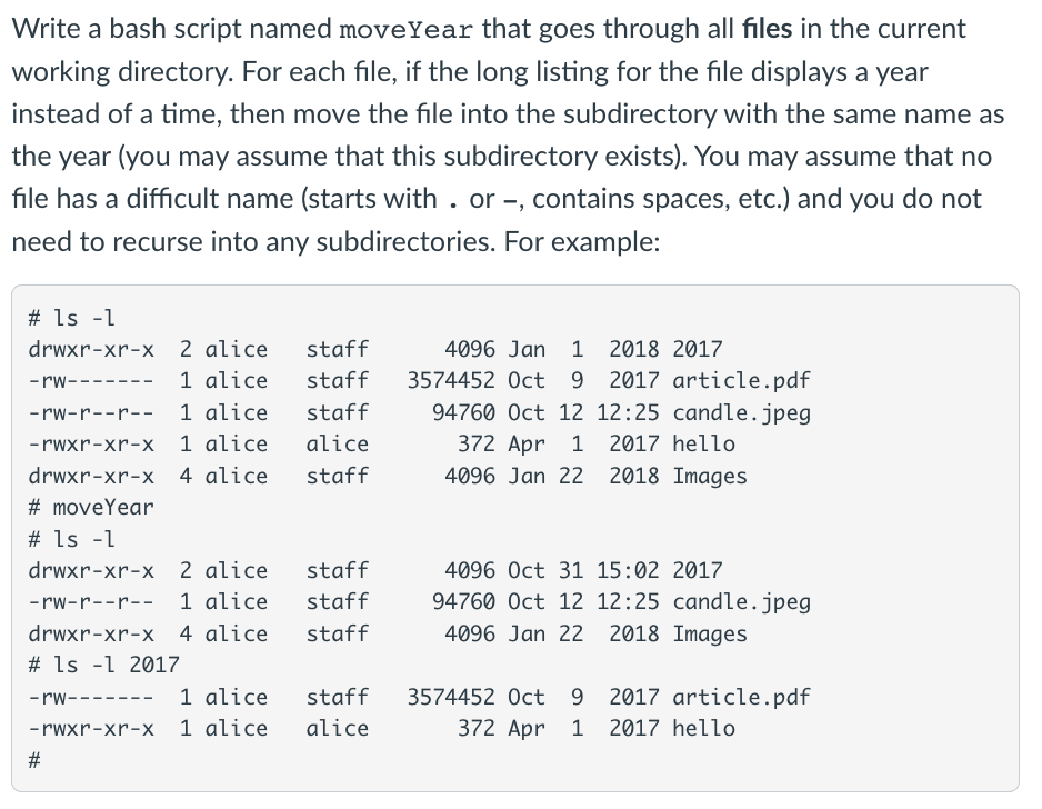 Solved Write a bash script named moveYear that goes through | Chegg.com
