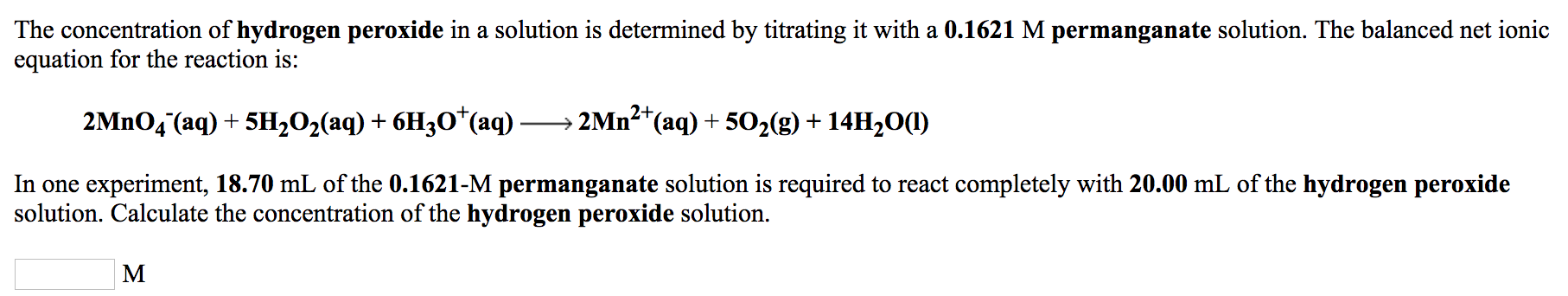 Solved The Concentration Of Hydrogen Peroxide In A Solution