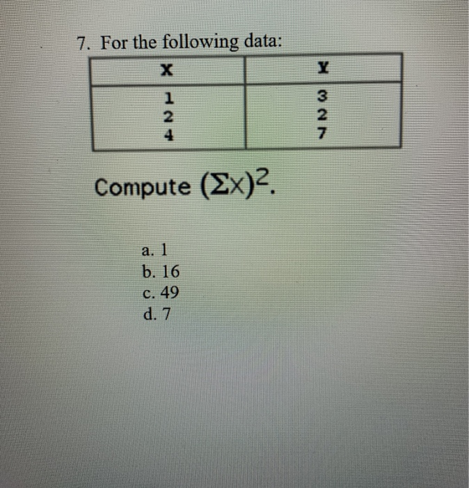 Solved 7. For the following data: X Y 2 Compute (Ex)2. a. l | Chegg.com