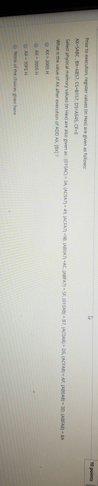 Solved 10 points Prior to execution, register values in Hex) | Chegg.com