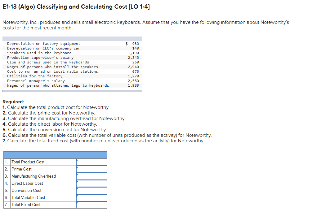 Solved E1-13 (Algo) Classifying and Calculating Cost [LO | Chegg.com