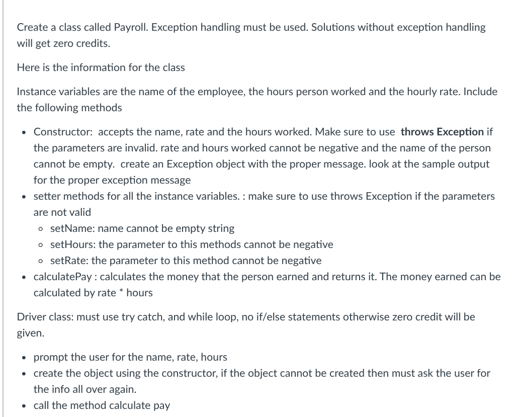Solved Create a class called Payroll. Exception handling | Chegg.com