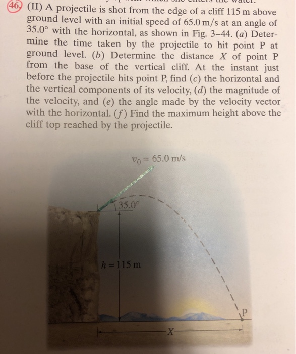 Solved 46 (II) A projectile is shot from the edge of a cliff | Chegg.com