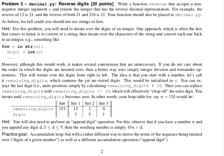 Solved Problem 3 - decimal.py: Reverse digits [20 points] | Chegg.com