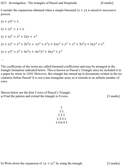 Solved Q15. Investigation: The triangles of Pascal and | Chegg.com