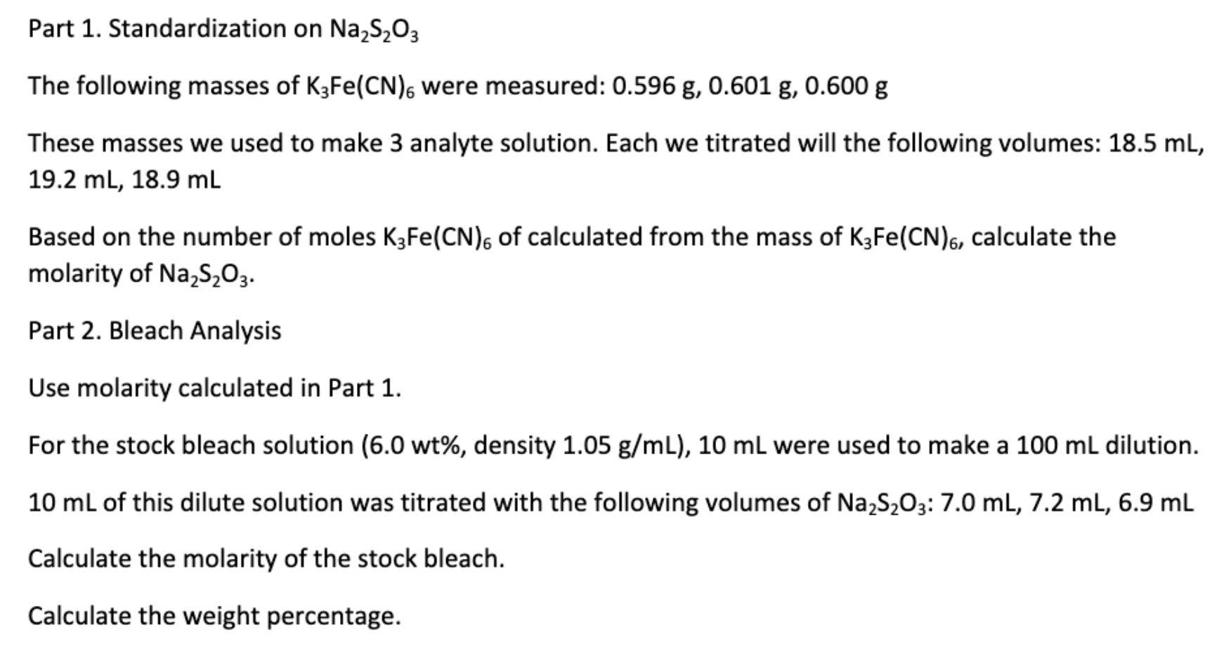 Part 1. Standardization on Na2S2O3 The following | Chegg.com