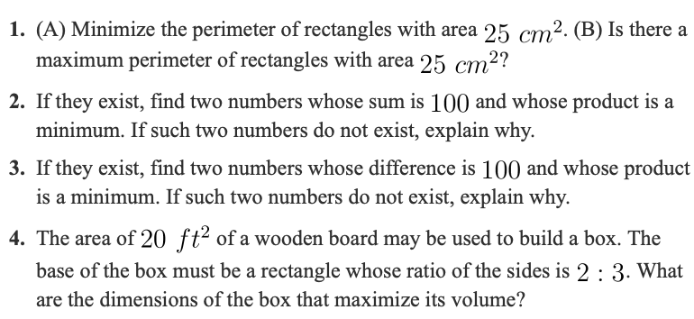 Solved 1 A Minimize The Perimeter Of Rectangles With Area Chegg