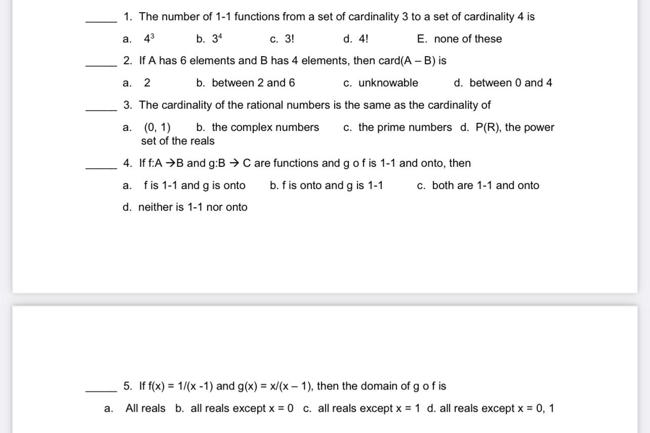 Solved 1. The number of 1-1 functions from a set of | Chegg.com