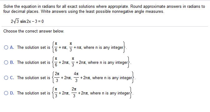 Solved Solve the equation in radians for all exact solutions | Chegg.com