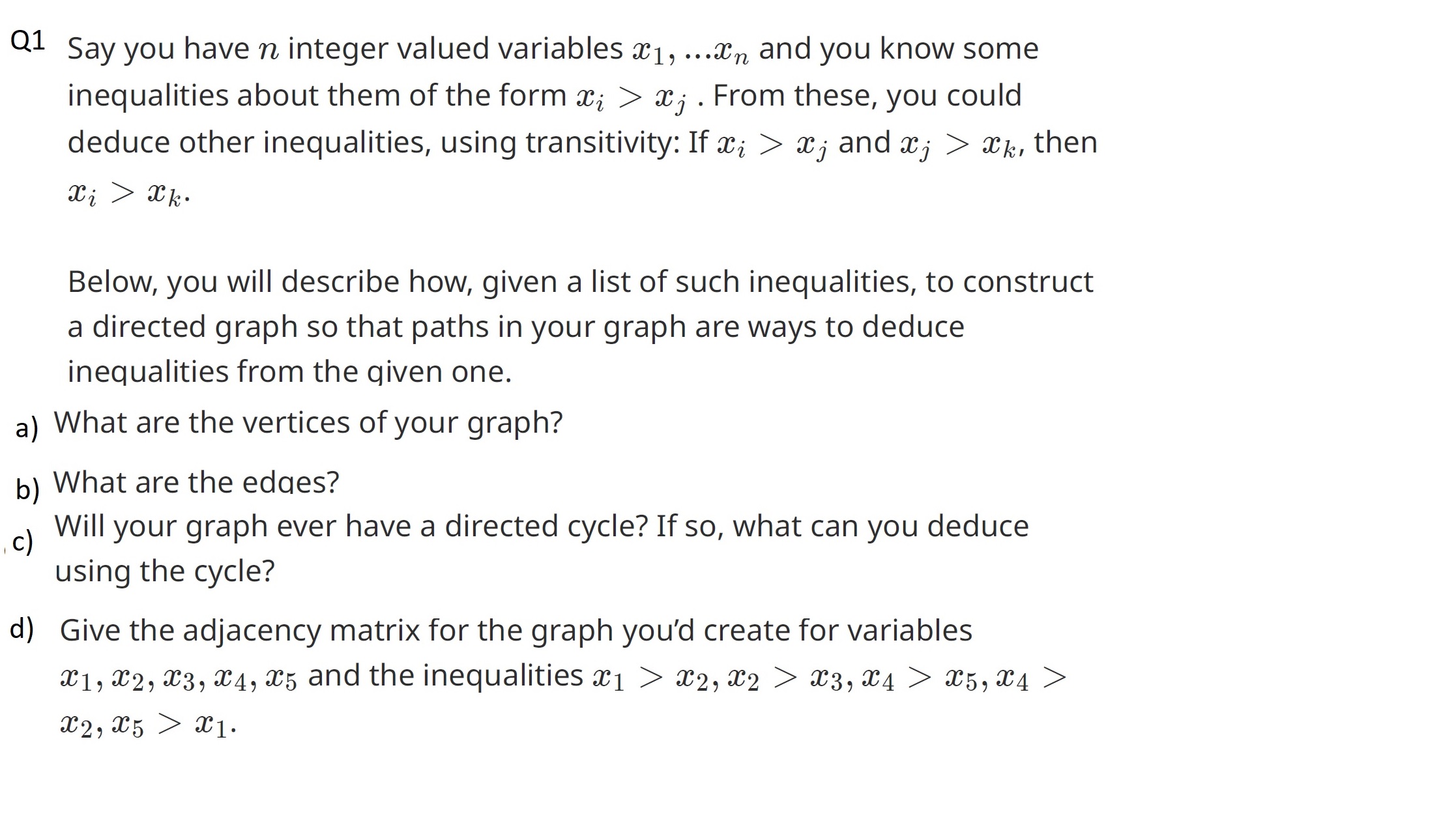 Solved Q1 ﻿Say you have n ﻿integer valued variables | Chegg.com