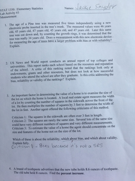 Solved STAT 1350: Elementary Statistics Lab Activity #3 | Chegg.com