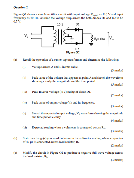 Solved Figure Q2 shows a simple rectifier circuit with input | Chegg.com