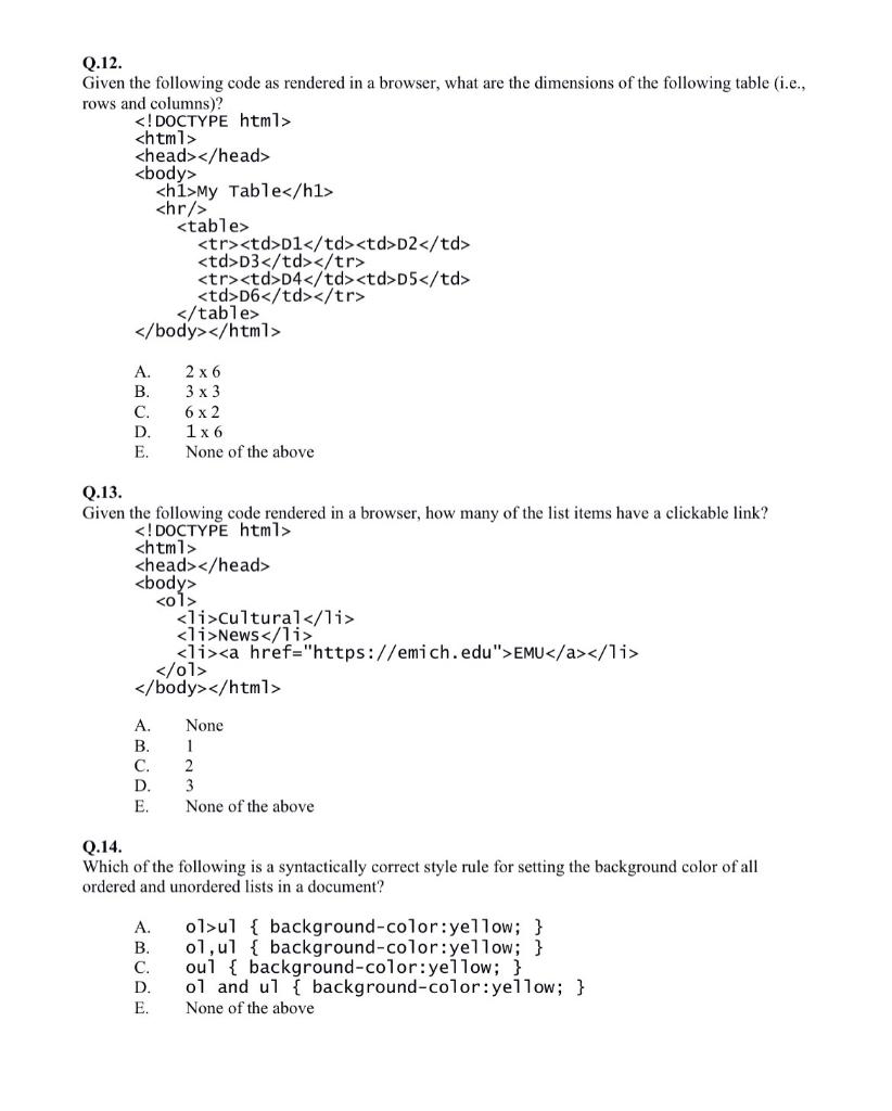 Solved Q.12. Given the following code as rendered in a | Chegg.com