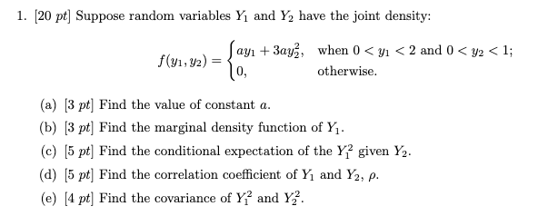 Solved 1. [20 pt] Suppose random variables Y1 and Y2 have | Chegg.com