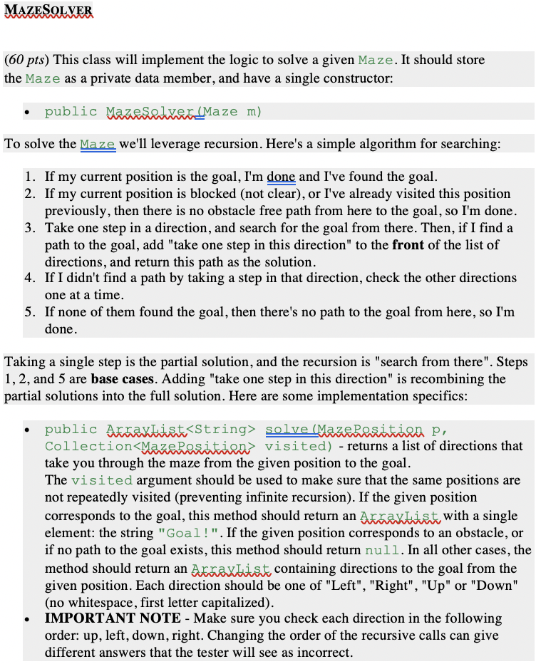 MAZESOLVER (60 pts) This class will implement the | Chegg.com