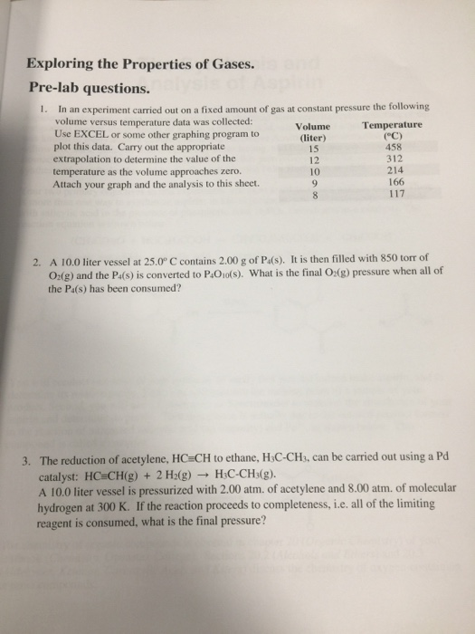 Solved Exploring the Properties of Gases. Pre-lab questions. | Chegg.com