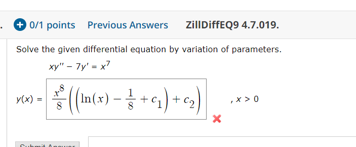 Solved + 0/1 points Previous Answers ZillDiffEQ9 4.7.019. | Chegg.com