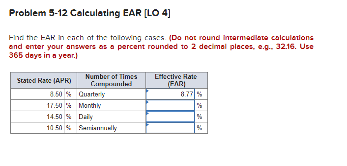 Solved Problem 5-12 Calculating EAR (LO 4] Find the EAR in | Chegg.com