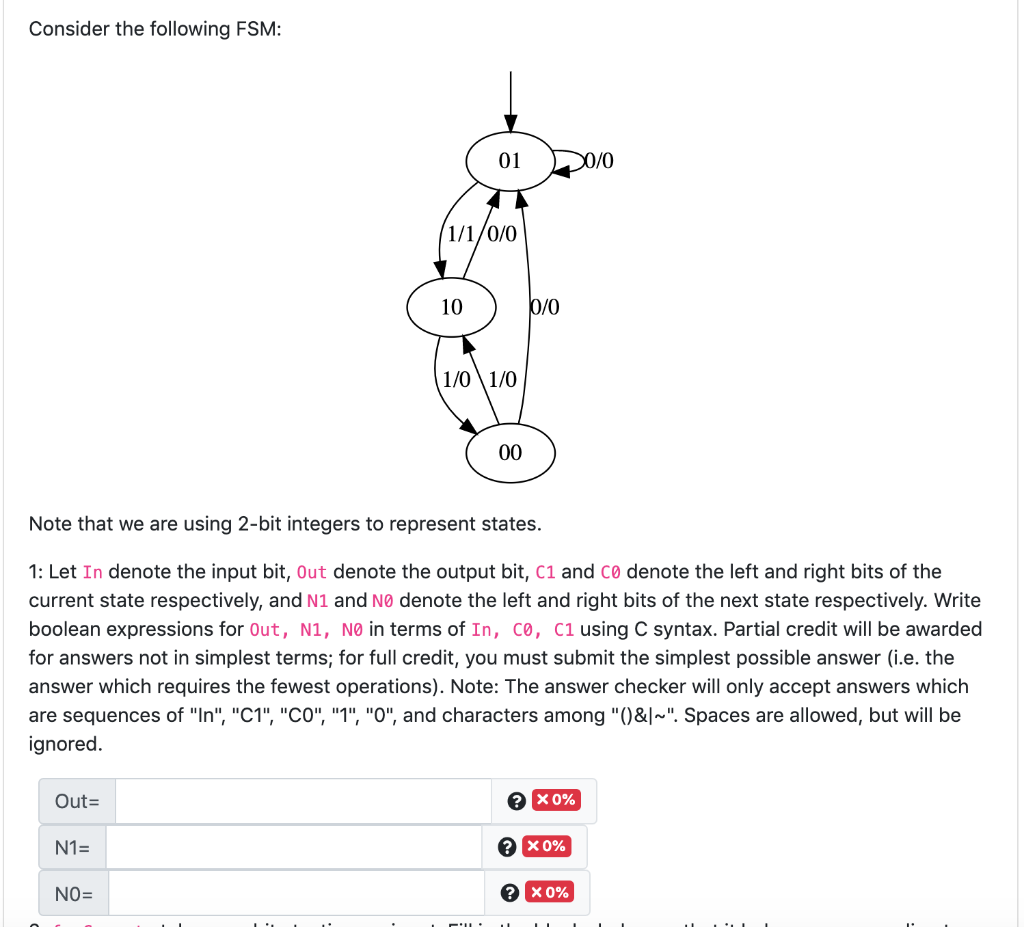 Solved Consider the following FSM: 01 >0/0 (1/1/0/0 10 0/0 | Chegg.com
