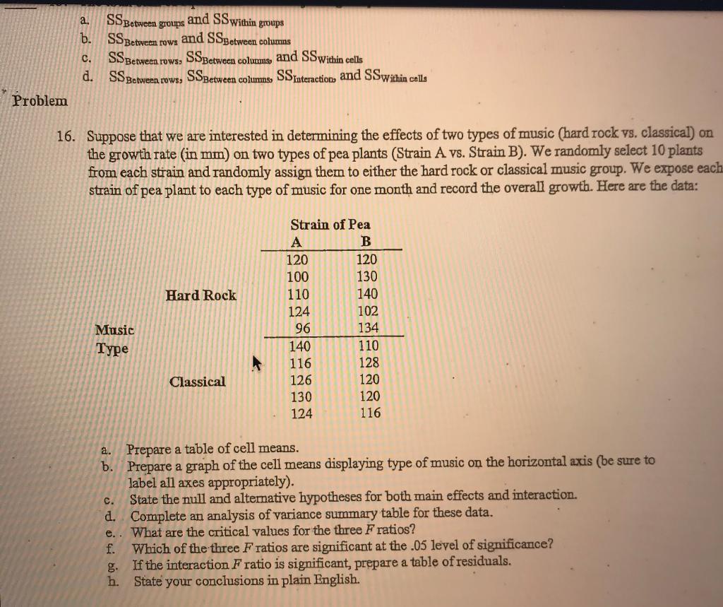 SSBetween groups and SS within groups b. SSBetween | Chegg.com
