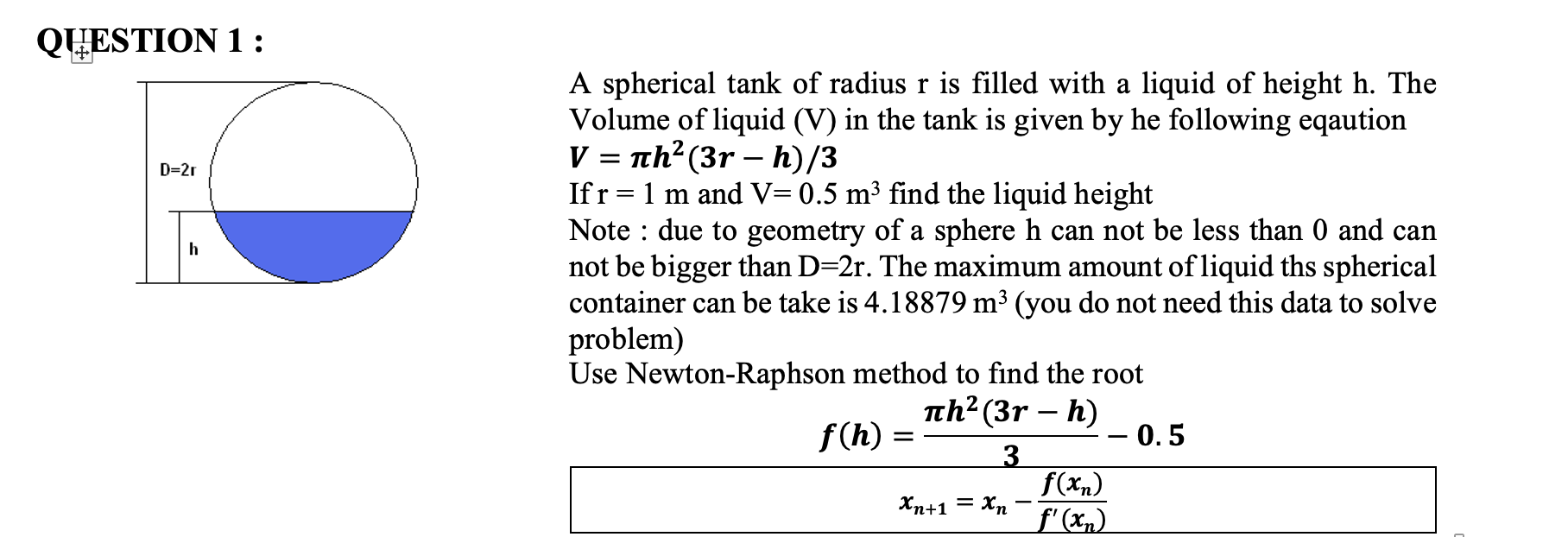 Solved A spherical tank of ﻿radius r is ﻿filled with a | Chegg.com