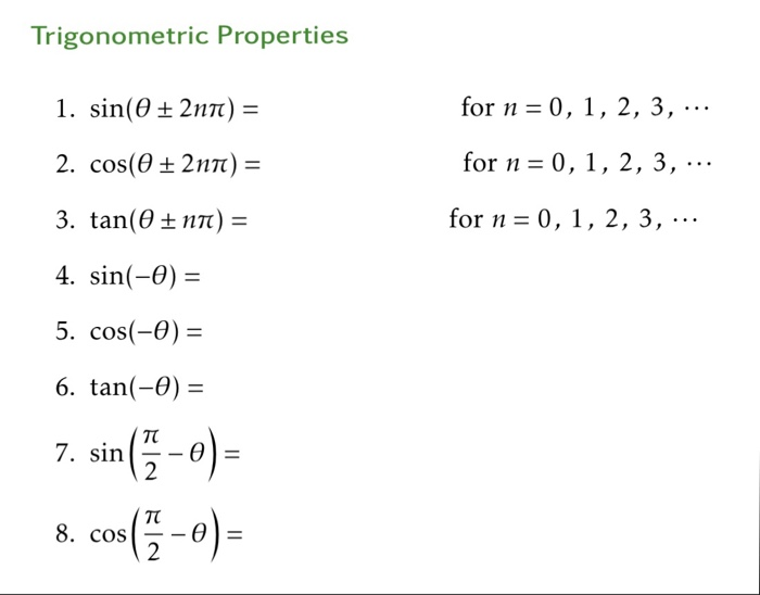 Solved Trigonometric Properties for n 0, 1, 2, 3, for n = | Chegg.com