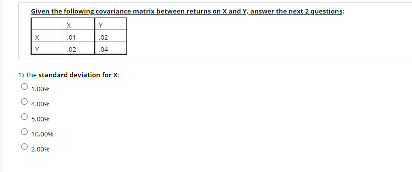 Solved Given the following covariance matrix between returns | Chegg.com