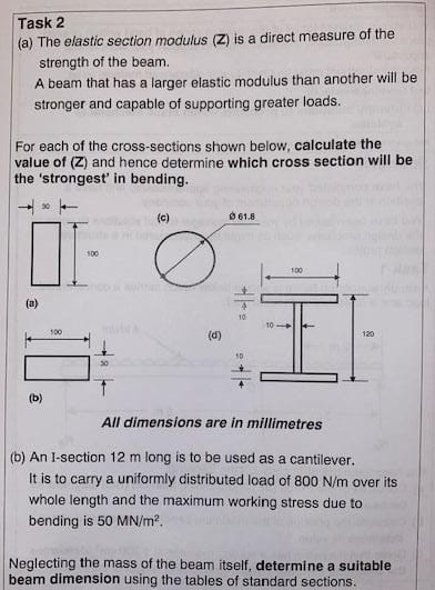 Solved Task 2 (a) The elastic section modulus (Z) is a | Chegg.com
