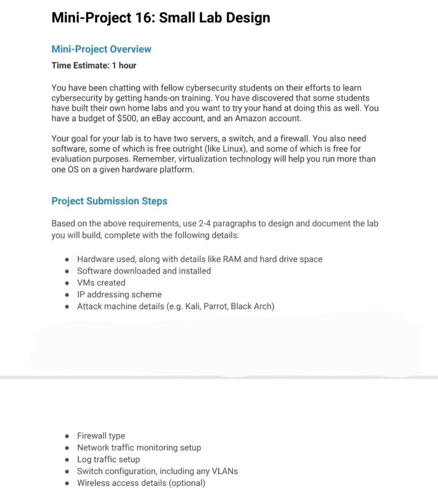 Solved Mini-Project 16: Small Lab Design Mini-Project | Chegg.com