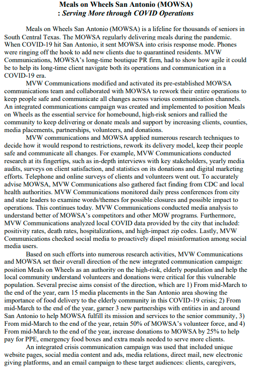 Solved Meals on Wheels San Antonio (MOWSA) : Serving More | Chegg.com