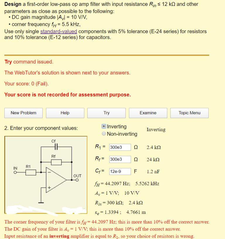 Solved Design a first-order low-pass op amp filter with | Chegg.com