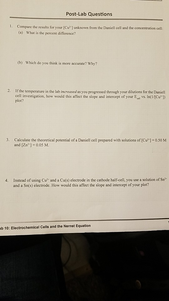 Solved Post-Lab Questions Compare the results for your [Cu'] | Chegg.com