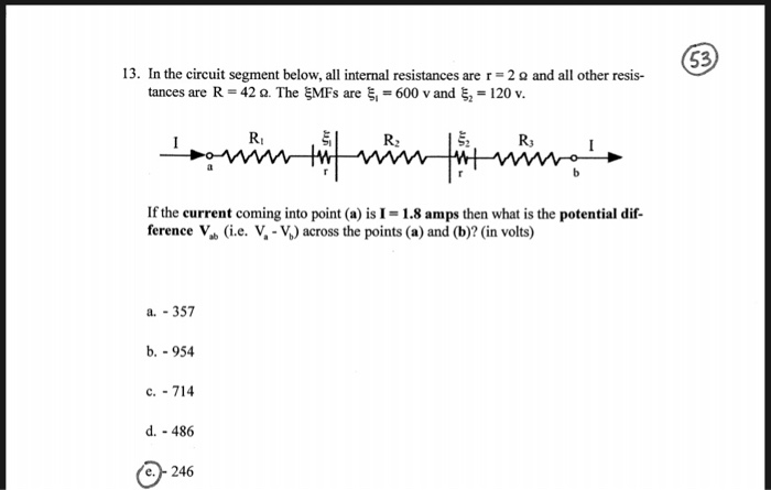 Solved 53 13. In the circuit segment below, all internal | Chegg.com