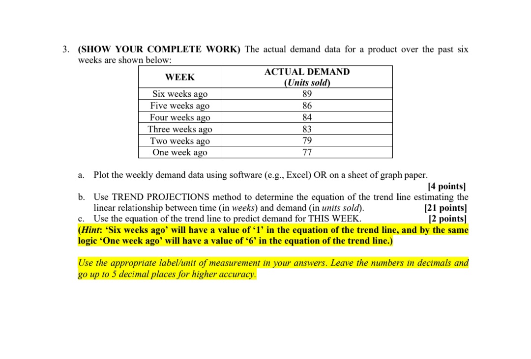 Solved (SHOW YOUR COMPLETE WORK) The actual demand data for | Chegg.com