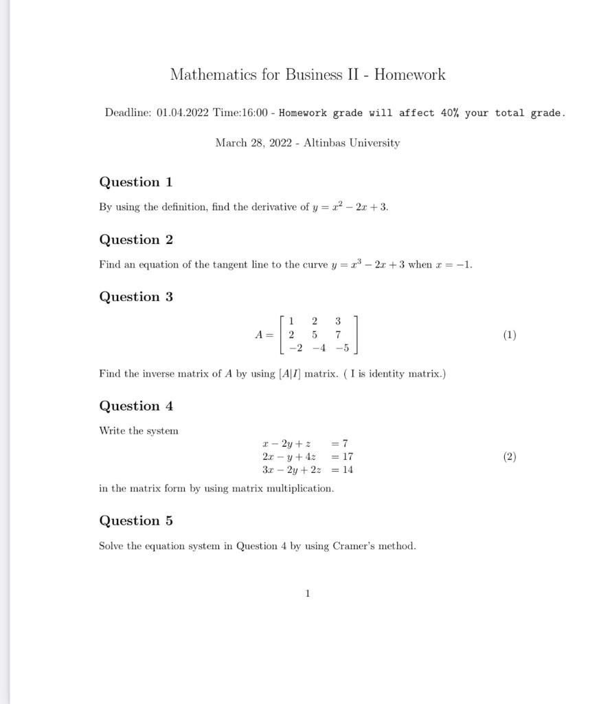 Solved Mathematics for Business II - Homework Deadline: | Chegg.com