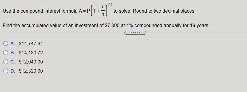 Solved Use the compound interest formula A =P 1- P(1)" to | Chegg.com
