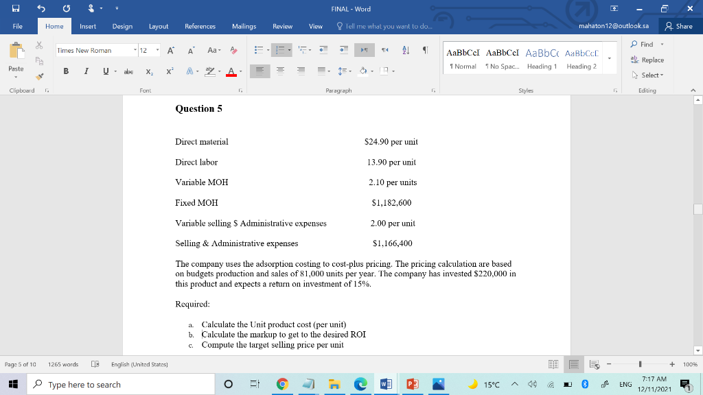Solved FINAL - Word х File Home Insert Design Layout | Chegg.com