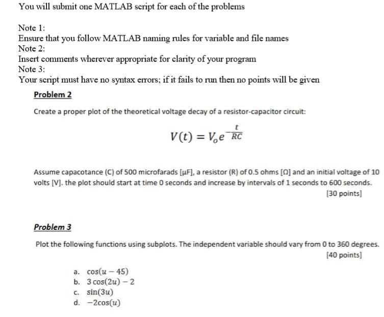 Solved You will submit one MATLAB script for each of the | Chegg.com