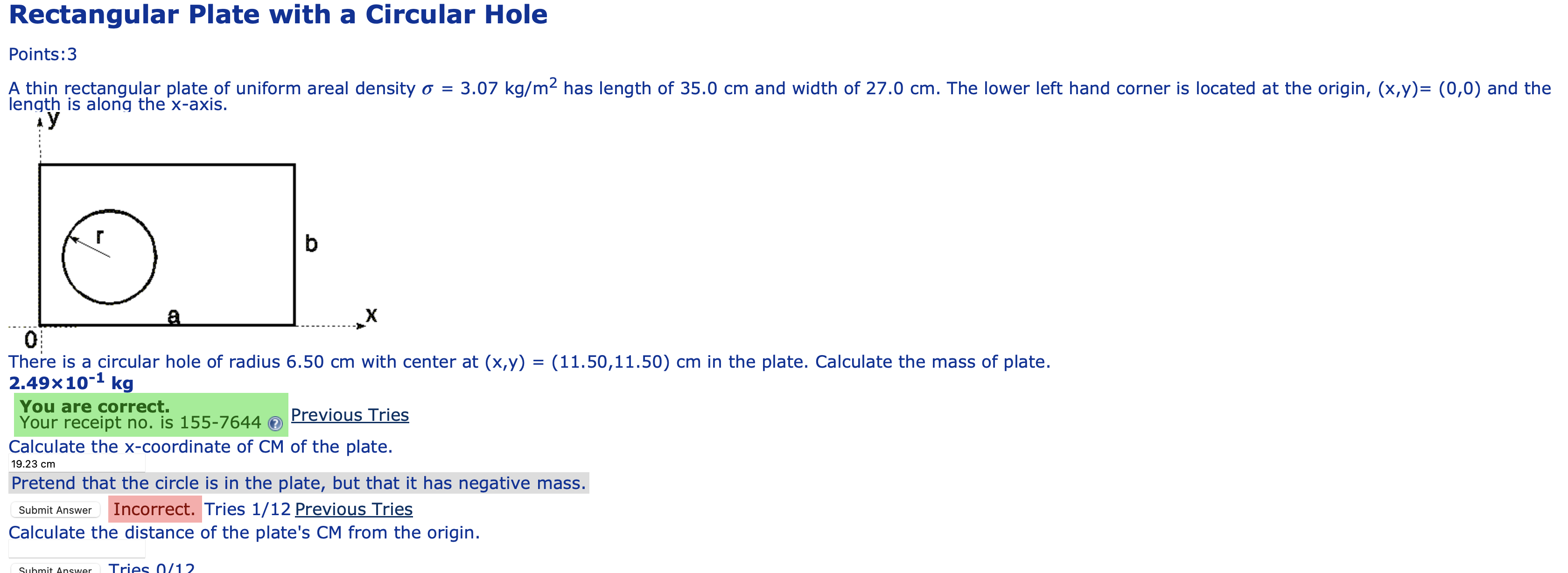 Solved Pints:3 A thin rectangular plate of uniform areal | Chegg.com